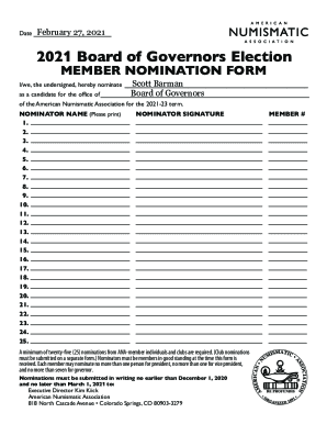 Fillable Online Board of Governors Election MEMBER NOMINATION FORM Fax ...