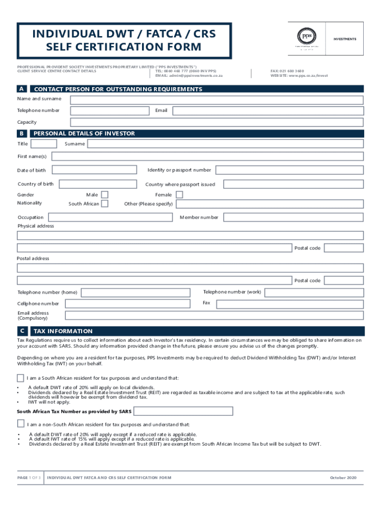 Fillable Online INDIVIDUAL DWT / FATCA / CRS SELF CERTIFICATION FORM ...