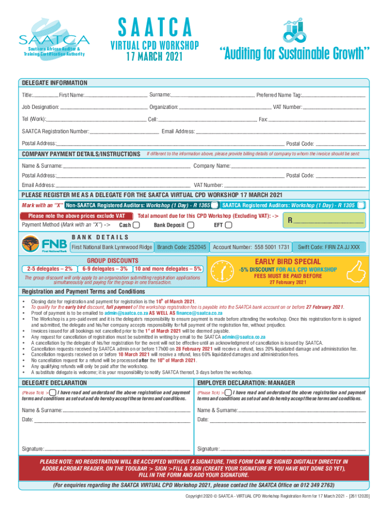 Fillable Online SAATCA Virtual Worlshop Registration Form March 2021 Fax Email Print - pdfFiller