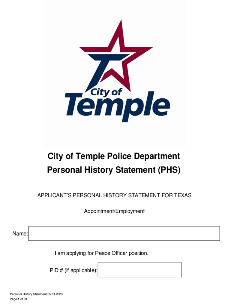 Fillable Online City of Temple Police Department Personal History ...