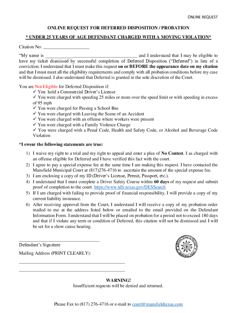 Fillable Online ONLINE REQUEST FOR DEFERRED DISPOSITION/PROBATION ...