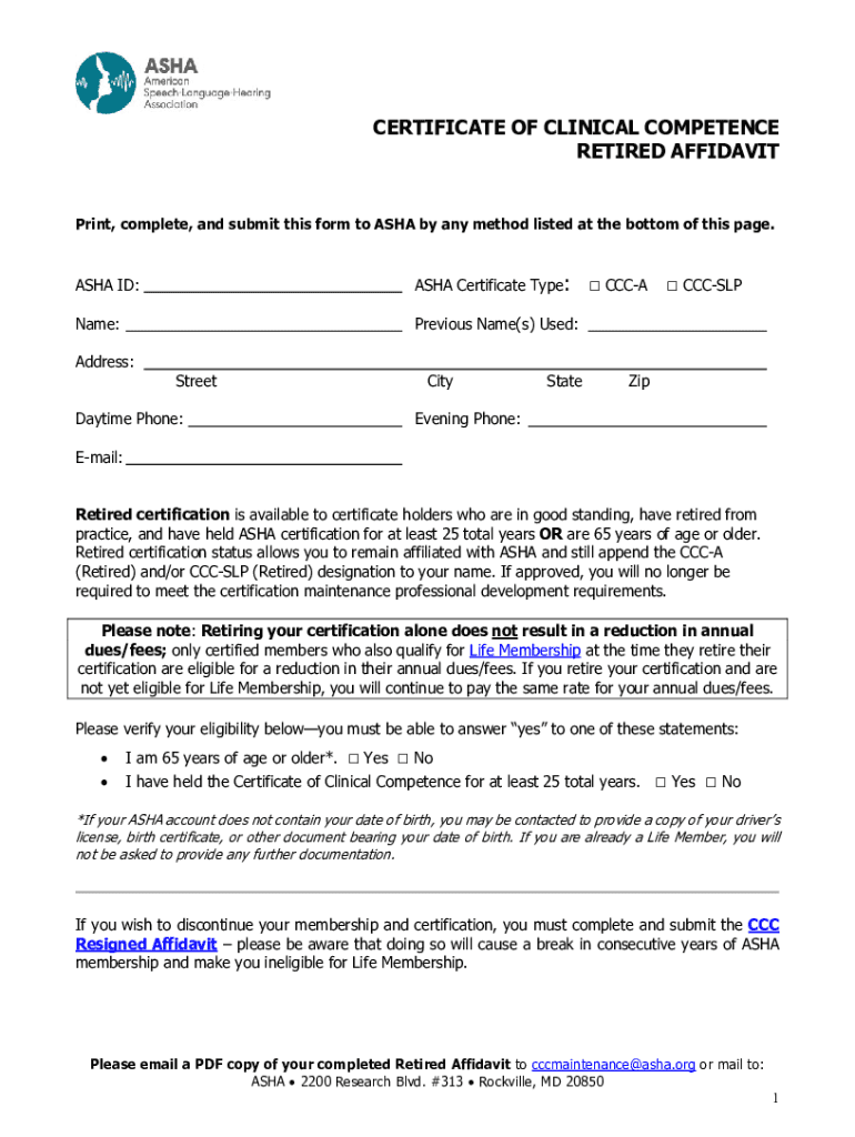 Fillable Online CERTIFICATE OF CLINICAL COMPETENCE RETIRED AFFIDAVIT ...