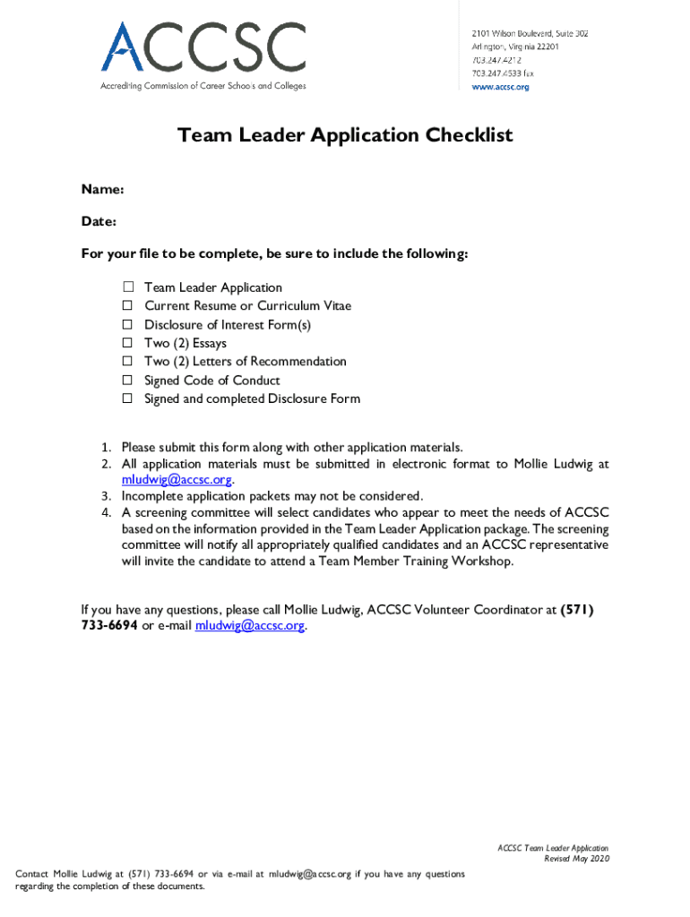 Fillable Online Team Leader Application Checklist - Accrediting ...