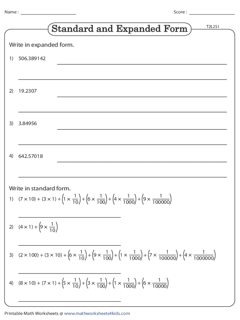 Fillable Online Standard and Expanded Form T2L2S1 - Worksheets for Kids ...