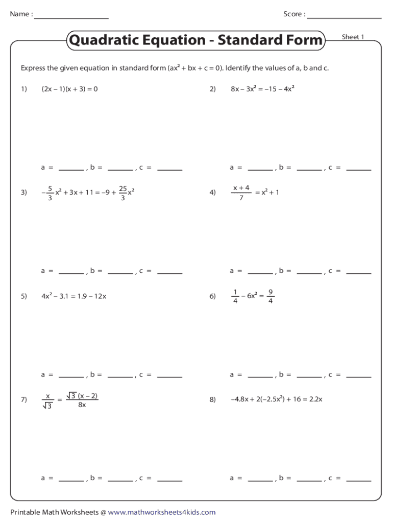 Fillable Online Quadratic Equation - Standard Form Sheet 1 Fax Email Print - pdfFiller