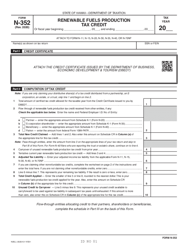 Fillable Online Form N-352, 2020, Renewable Fuels Production Tax Credit ...