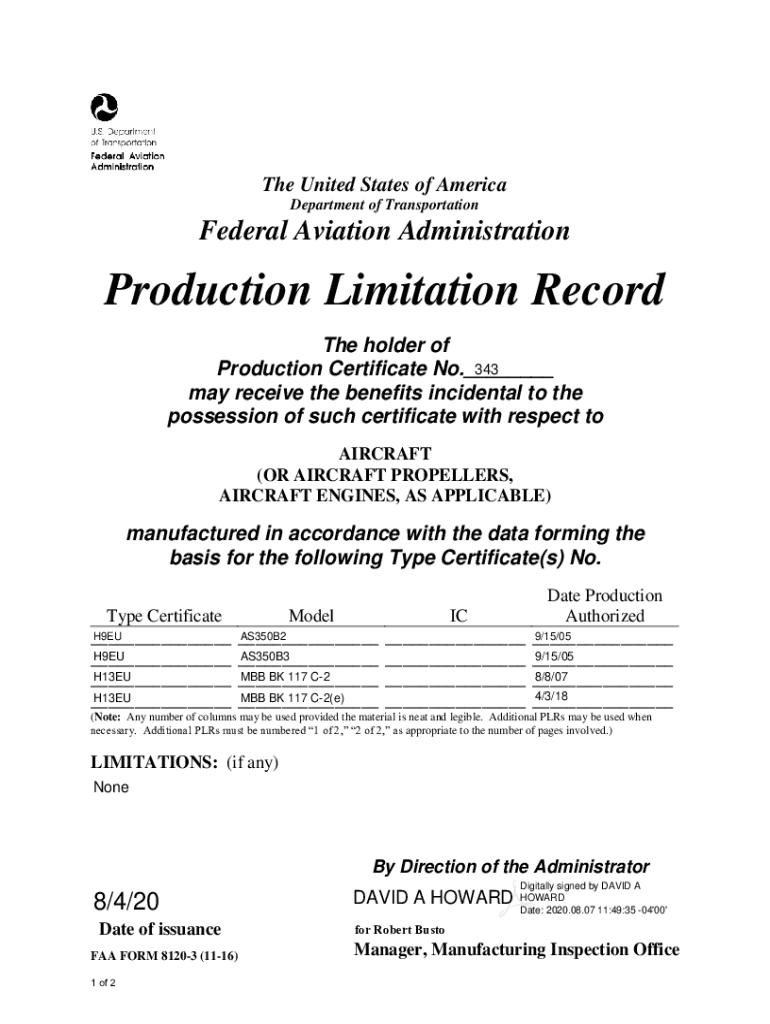 Faa Production Certificate - Fill Online, Printable, Fillable, Blank ...