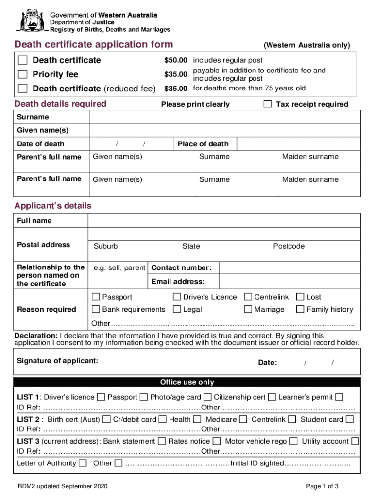 Fillable Online Death Certificate Application Form - WA Fax Email Print ...