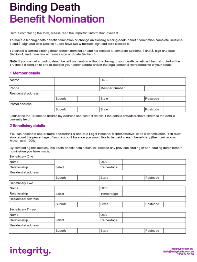 Fillable Online Binding Death Benefit Nomination - Integrity Life Fax ...