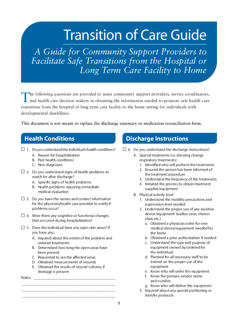 Fillable Online dds dc Transitions of care - Activities to achieve ...