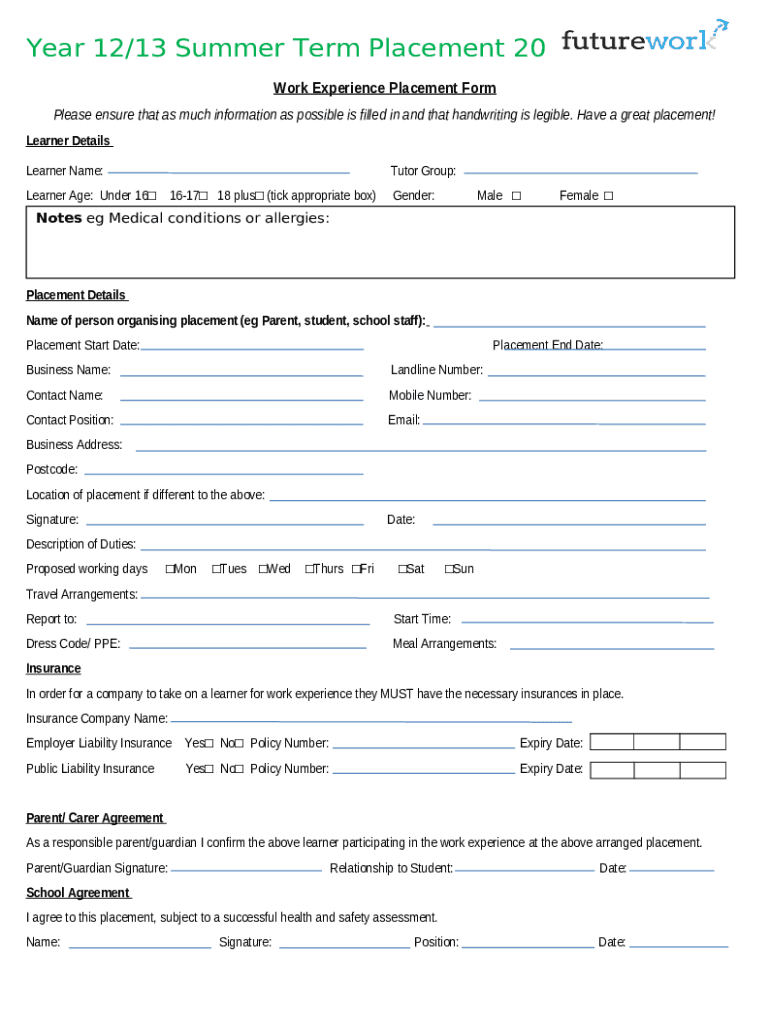 Work Experience Placement - Framwellgate School Durham Doc Template ...