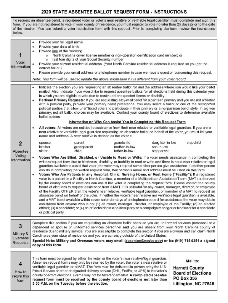 Fillable Online 2020 STATE ABSENTEE BALLOT REQUEST FORM - harnett.org ...