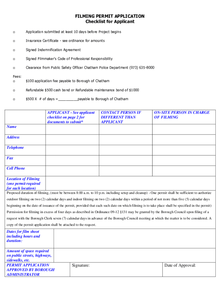 Fillable Online FILMING PERMIT APPLICATION Checklist for Applicant Fax ...