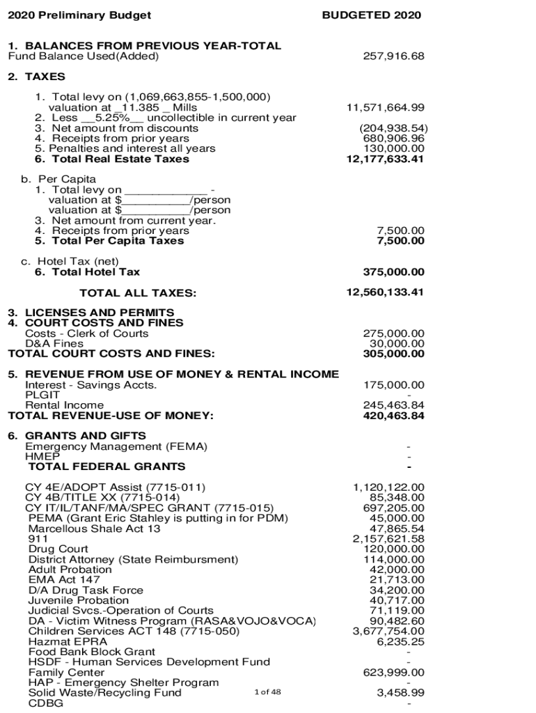 Fillable Online FY 2020 Federal Budget: Summary of Revenue and ...