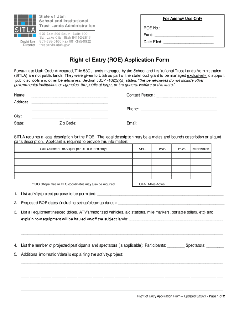 Fillable Online trustlands utah Right of Entry (ROE) Application Form ...