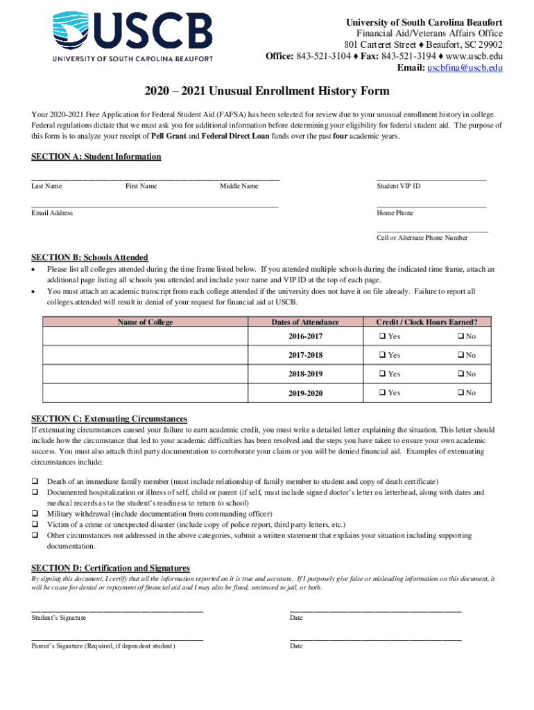 Fillable Online 2020 2021 Unusual Enrollment History Form Fax Email Print - pdfFiller