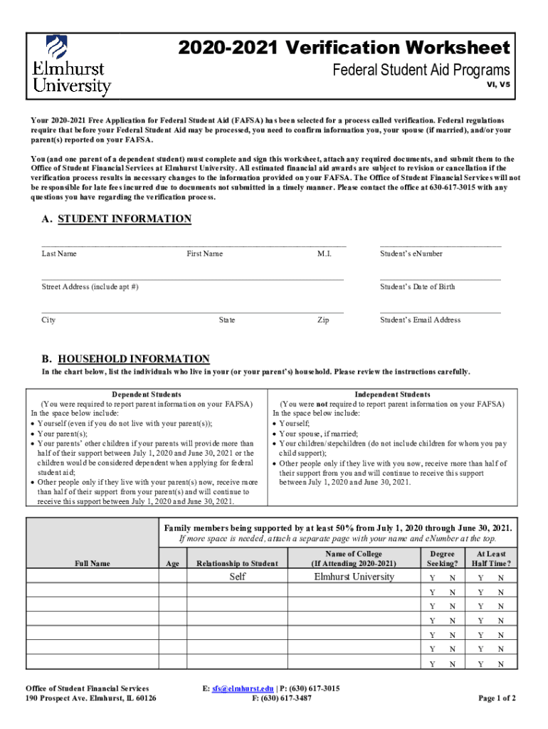 Fillable Online 20202021 Standard Verification Worksheet V1-Dependent ...