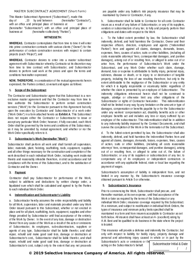 STANDARD OF AGREEMENT BETWEEN CONTRACTOR AND SUB Master Subcontract ...