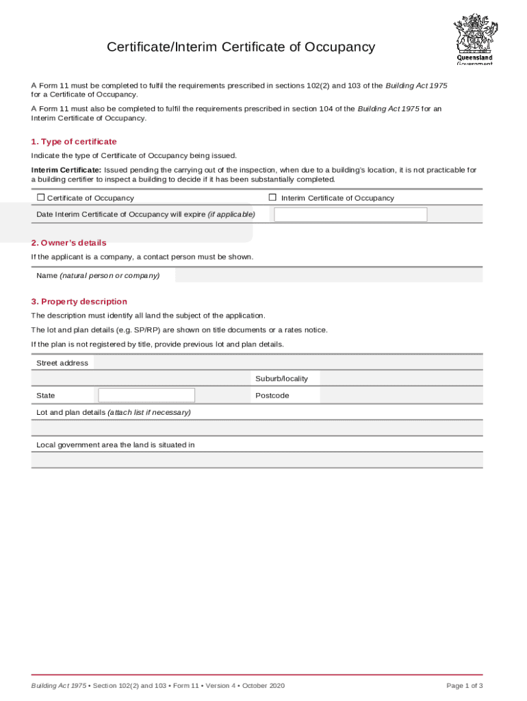 11 Certificate/Interim Certificate of Occupancy Doc Template | pdfFiller