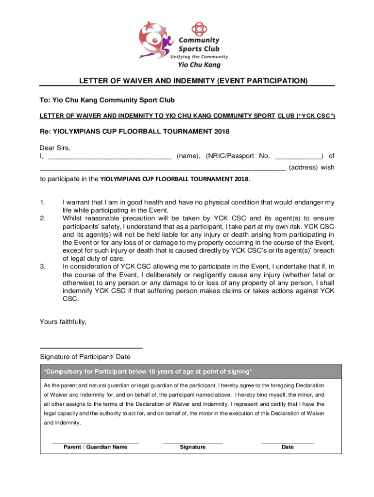 Fillable Online LETTER OF WAIVER AND INDEMNITY (EVENT PARTICIPATION ...