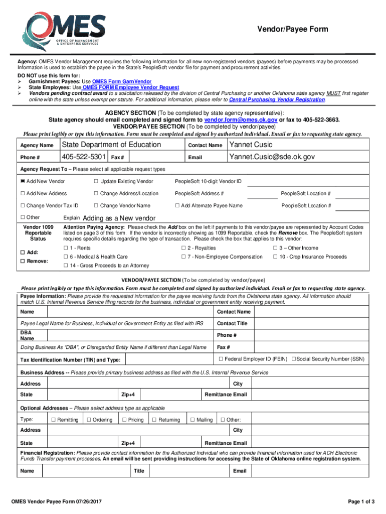Fillable Online sde ok Fillable Online OMES Vendor/Payee Form Fax Email ...