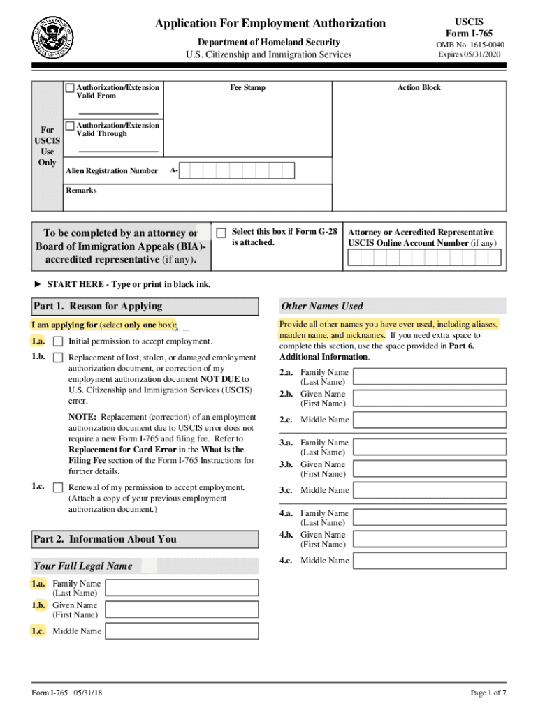 Fillable Online I-765, Application for Employment Authorization ...