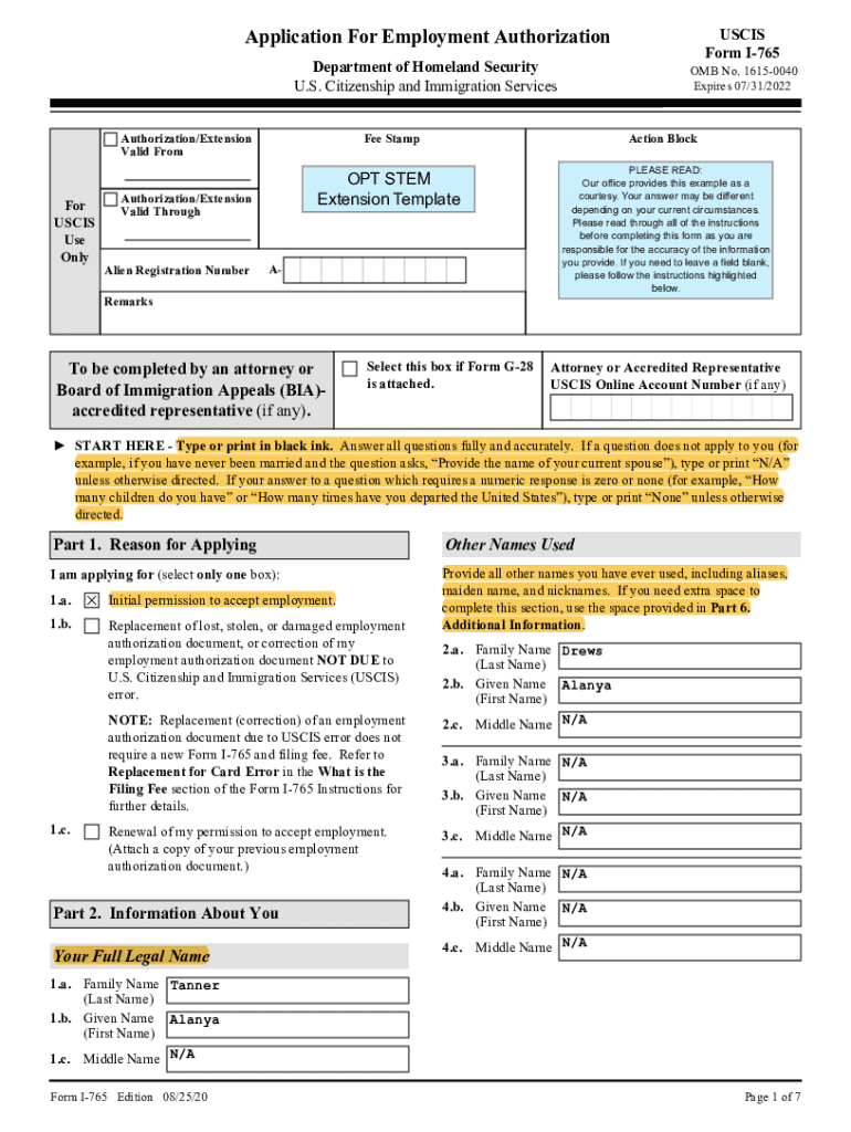 Fillable Online Employment Authorization ExtensionsUSCISEmployment ...