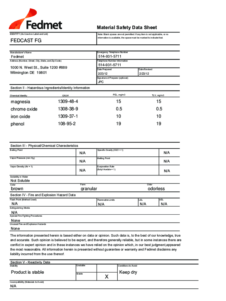 Fillable Online Material Safety Data Sheet U.S. Department of LaborMaterial Safety Data Sheet U ...