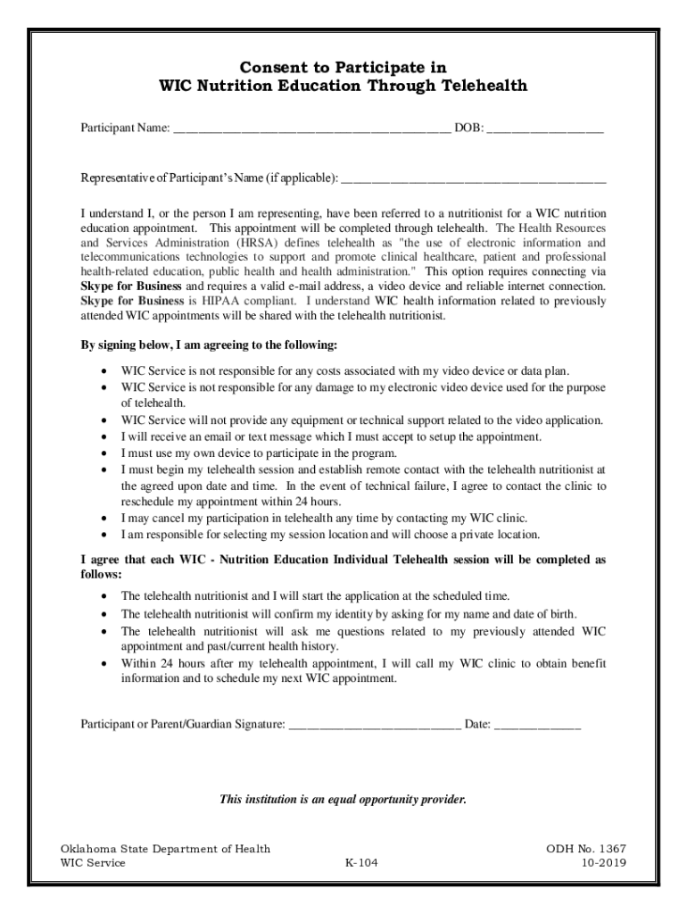 Fillable Online WIC Nutrition Education Through Telehealth Fax Email ...