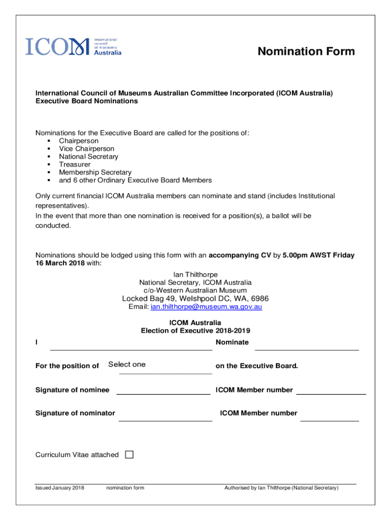 Fillable Online icom org ICOM AustraliaExecutive Board Nomination form ...