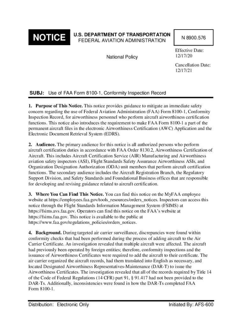 Fillable Online N 8900.576. Use of FAA Form 8100-1, Conformity ...