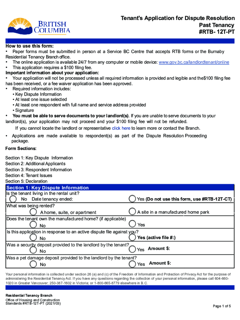 Fillable Online Tenant's Application for Dispute Resolution Past Tenancy RTB-12T-PT.indd Fax ...