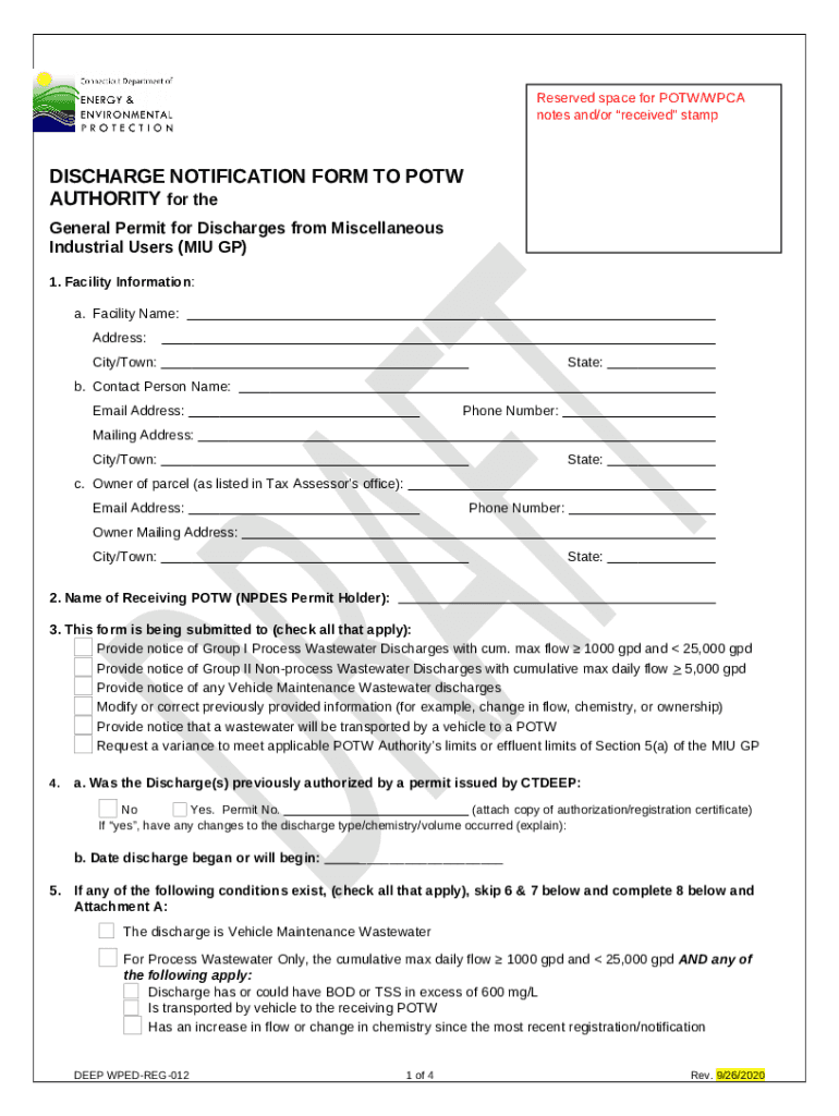 DISCHARGE NOTIFICATION TO POTW AUTHORITY for the General ... Doc ...