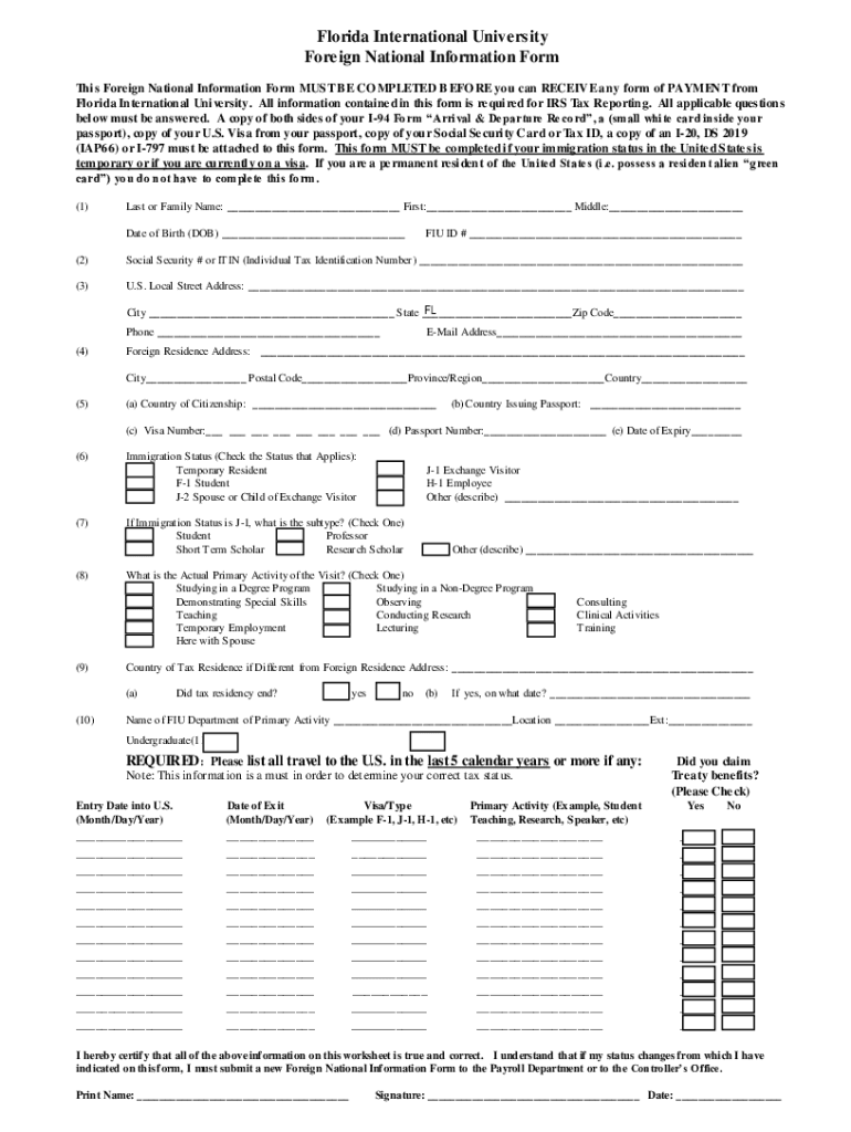 Fillable Online Florida International University Foreign National ...