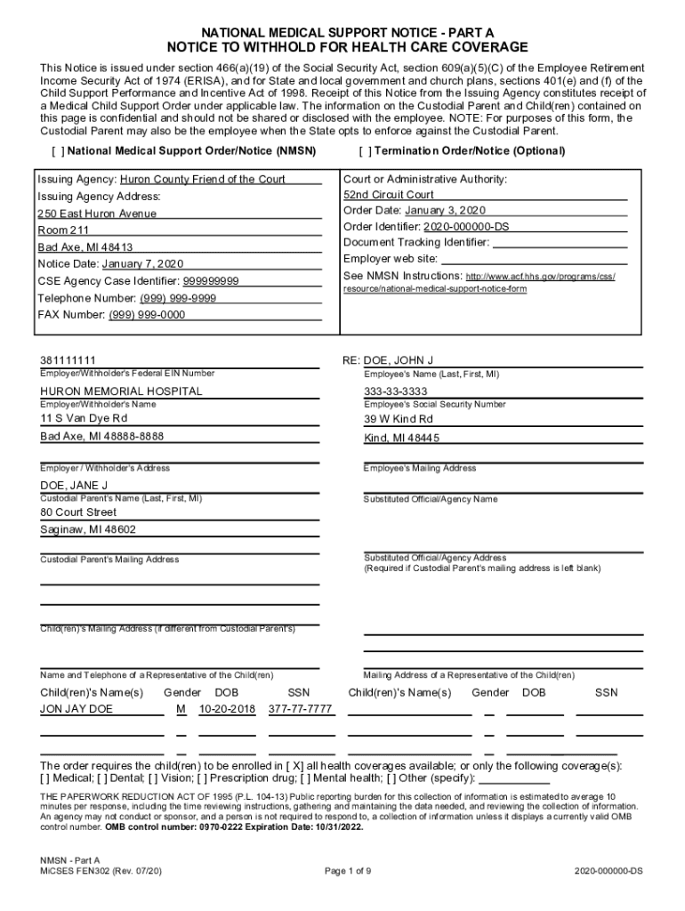 Fillable Online Sample FEN302. Example NATIONAL MEDICAL SUPPORT NOTICE ...