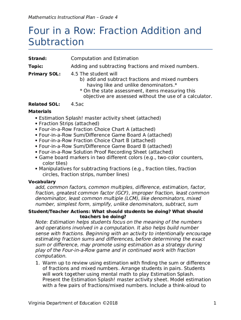 Grade 4 Four in a Row: Fraction Addition and Subtraction Doc Template ...