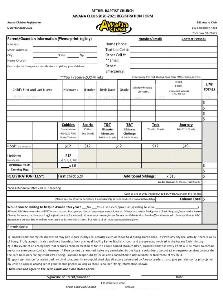 Fillable Online AWANA registration form 2020-2021.xlsx Fax Email Print ...