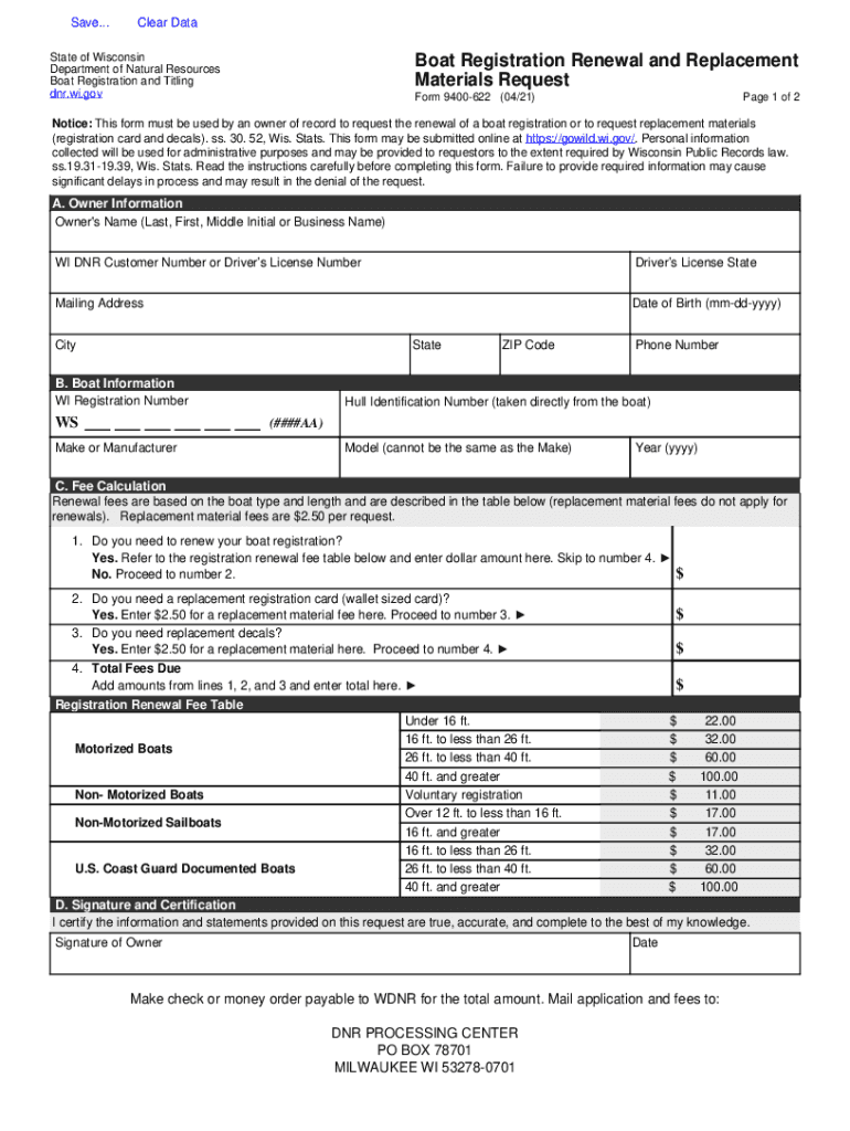 Fillable Online dnr wi Form 9400-622. Boat Registration Renewal and ...