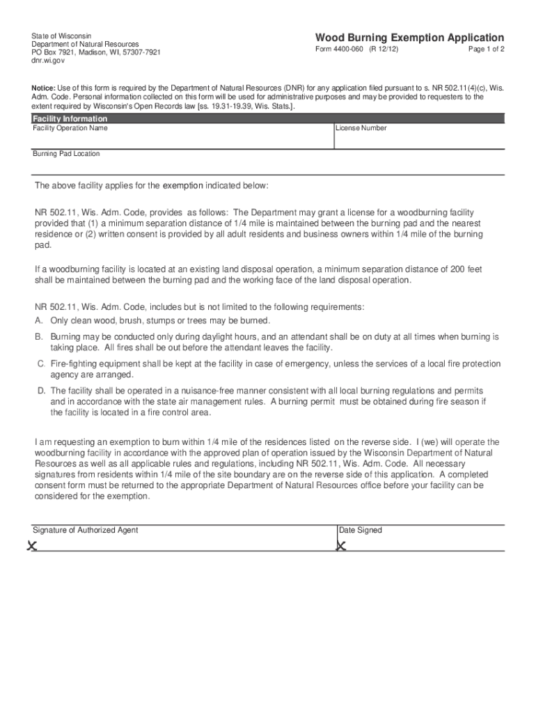 Fillable Online dnr wi Form 4400-060 Wood Burning Exemption Application ...