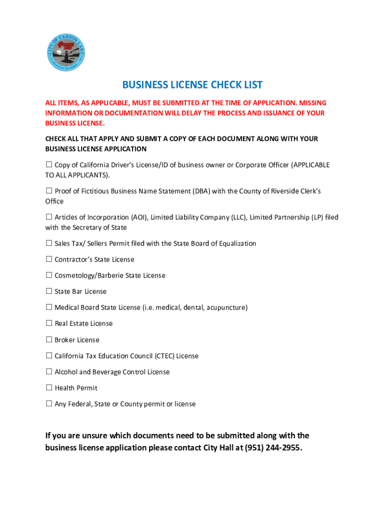 Fillable Online BUSINESS LICENSE CHECK LIST Fax Email Print - pdfFiller
