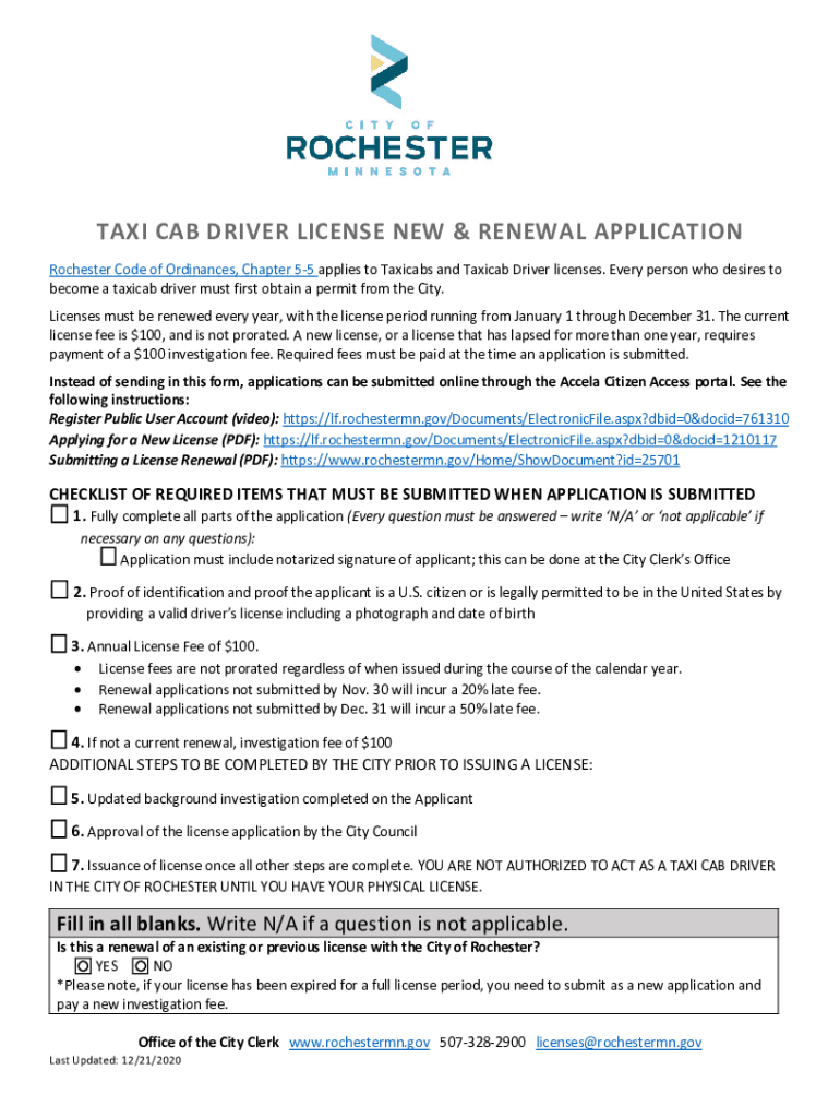 Fillable Online TAXI CAB DRIVER LICENSE NEW & RENEWAL APPLICATION Fax ...
