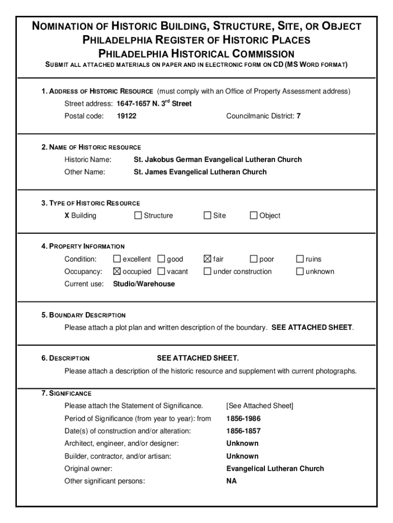 Fillable Online OMINATION OF HISTORIC BUILDING STRUCTURE SITE OR OBJECT ... Fax Email Print ...