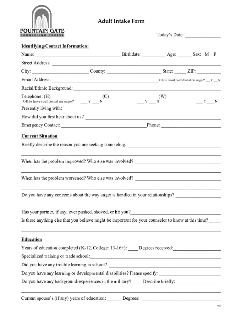 Fillable Online Adult Intake Form - HorizonsCounseling Fax Email Print ...
