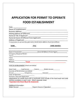 Fillable Online Operate a Food Establishment Permit Application Long ...