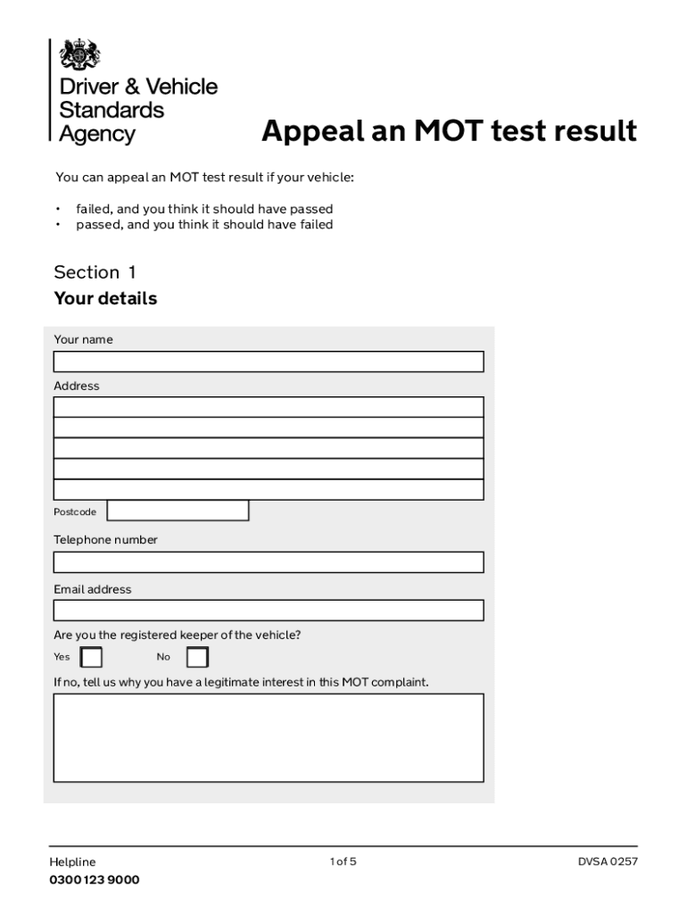 Fillable Online Getting an MOT: Test result appeals and problems - GOV ...