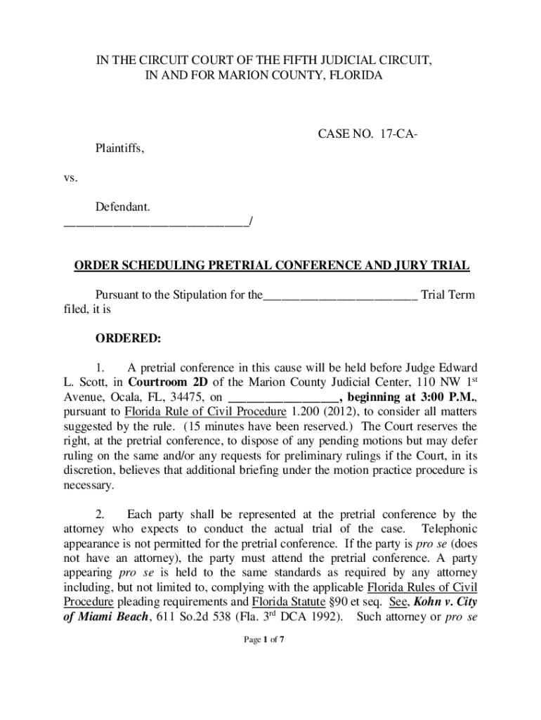 Fillable Online ORDER SCHEDULING PRETRIAL CONFERENCE AND NON-JURY TRIAL ...