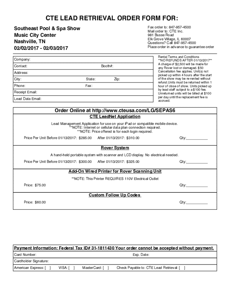 Fillable Online Fillable Online CTE LEAD RETRIEVAL ORDER FORM FOR ...