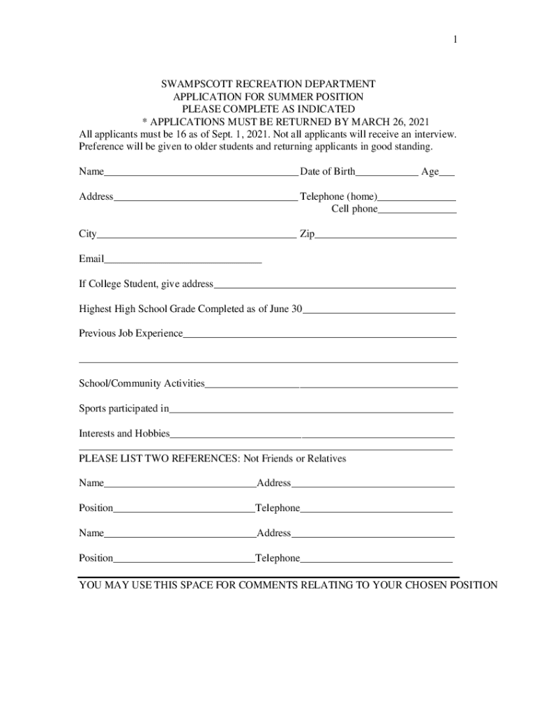 Fillable Online 1 APPLICATION FOR SUMMER POSITION PLEASE COMPLETE AS ...