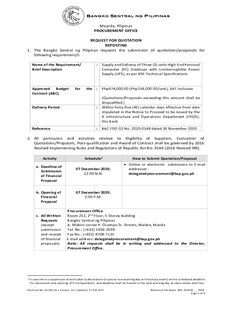 Fillable Online REQUEST FOR QUOTATION (Negotiated Procurement-Small ...