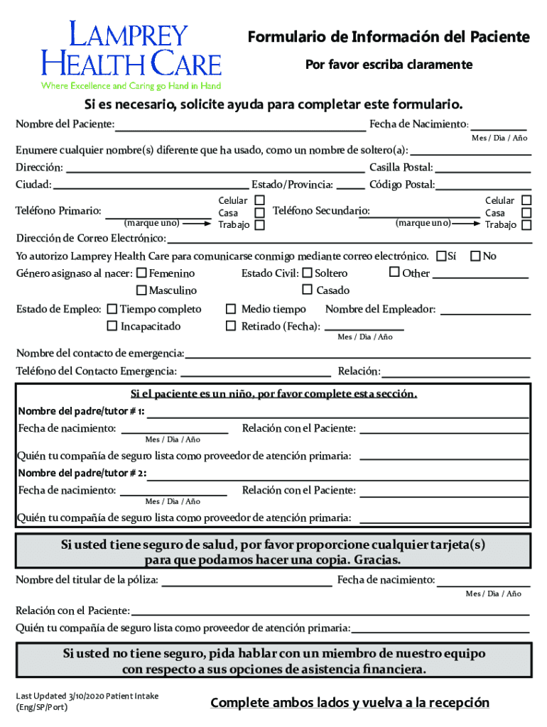 Fillable Online Formulario de Informacin del Paciente - Lamprey Health ...